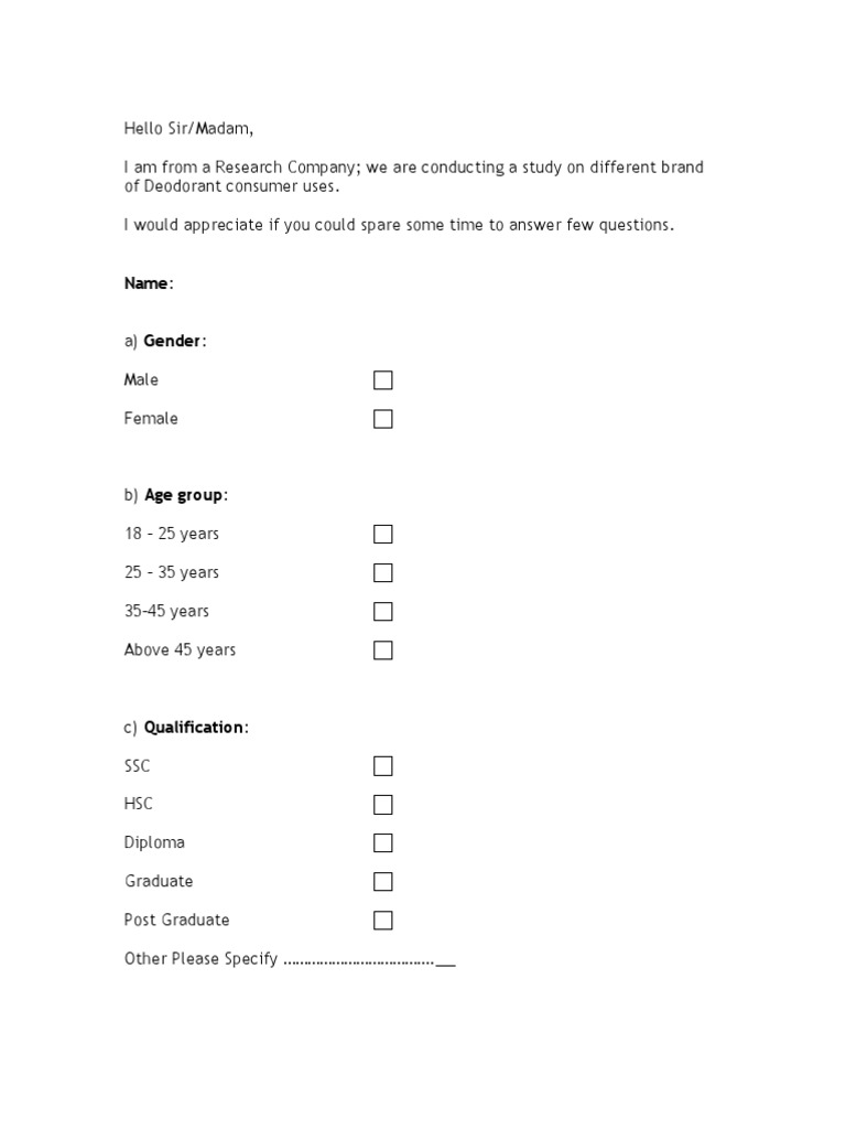Deodorant Consumer Survey Questionnaire | PDF