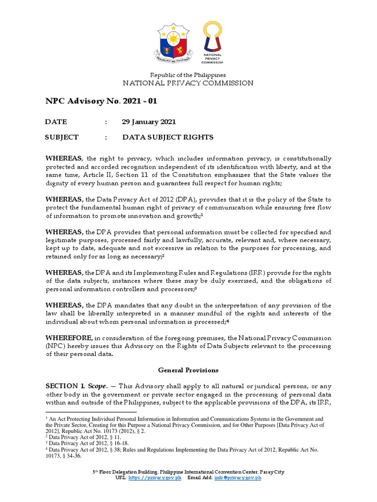 NPC Advisory No. 2021 - 01: Date: 29 January 2021 Subject: Data Subject ...