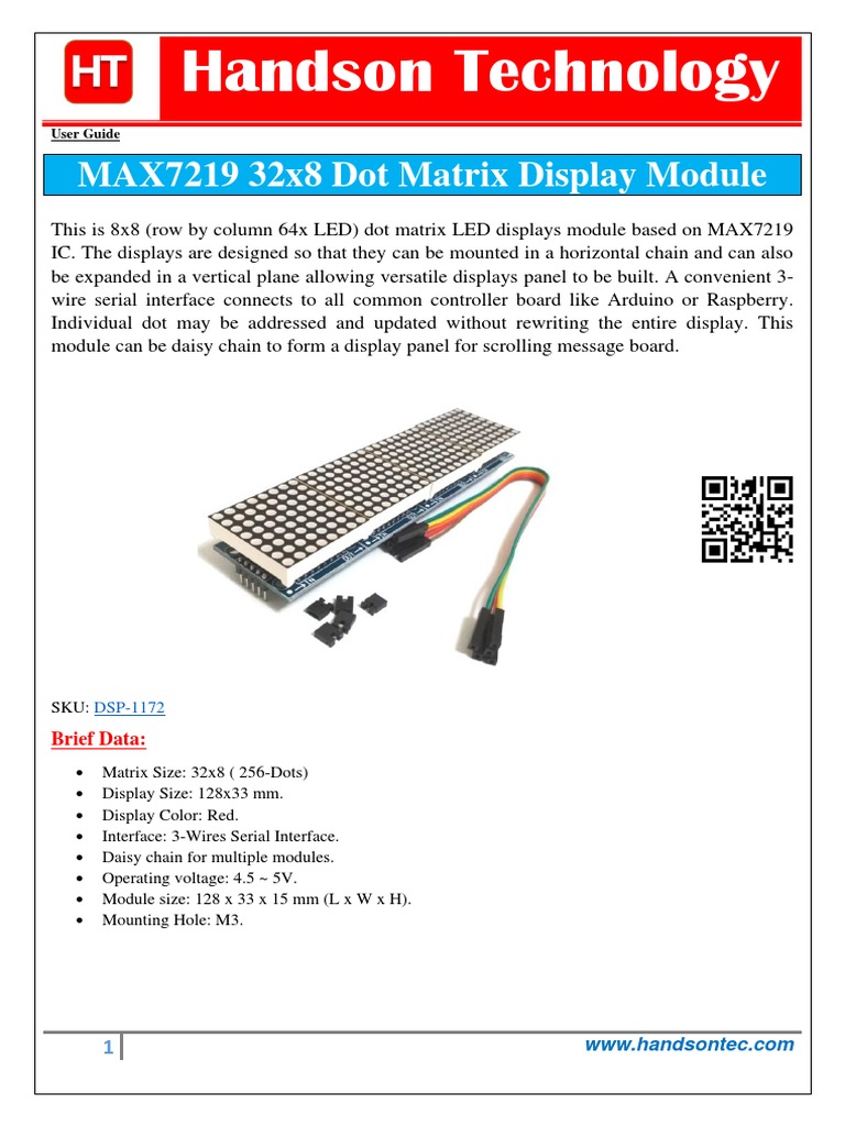 Handson Technology: MAX7219 32x8 Dot Matrix Display Module | Download ...