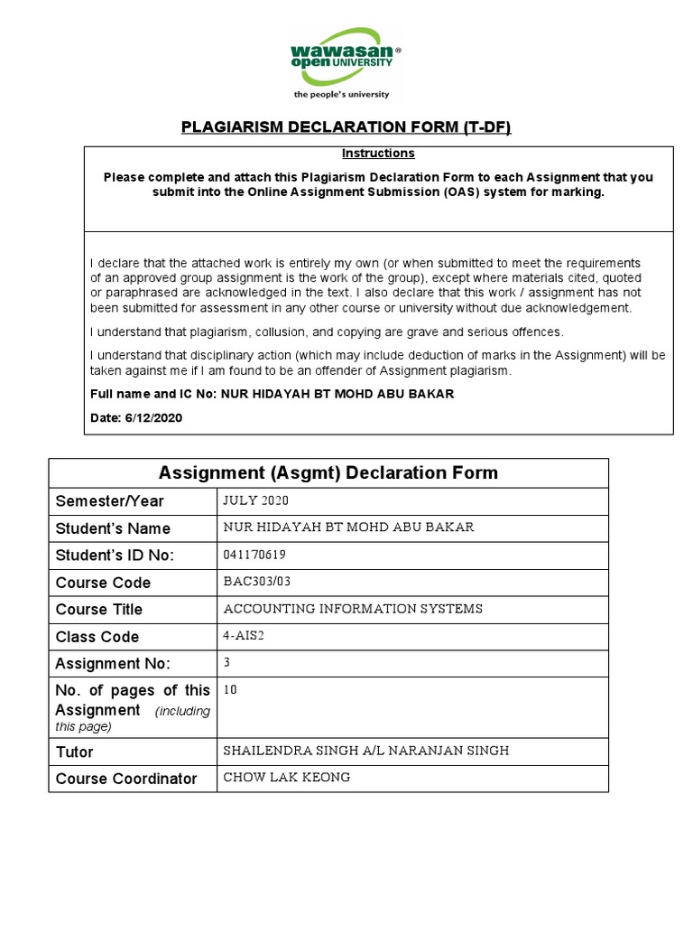 Plagiarism Declaration Form (T-DF) | PDF | Access Control | Risk Management