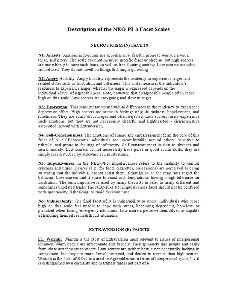 Description of The NEO-PI-3 Facet Scales | PDF | Anxiety | Anger