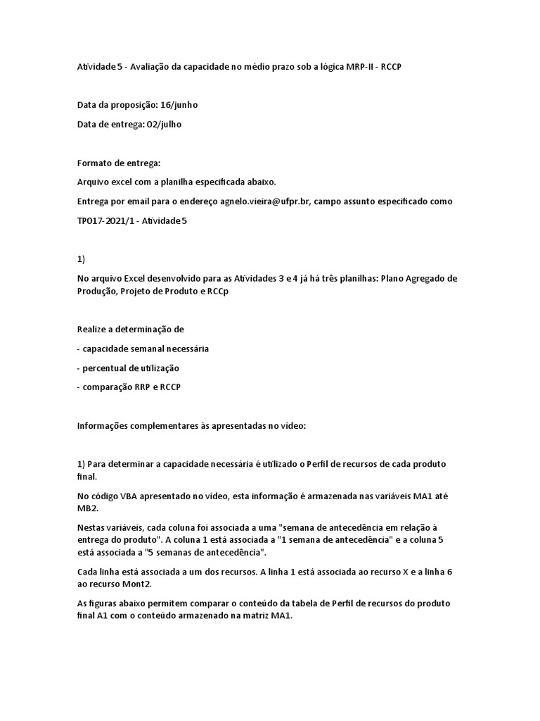 2-13 - Atividade 5 - Calculo RCCP | PDF | Microsoft Excel | Planilha