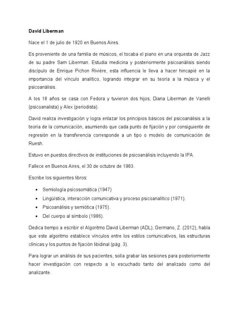 David Liberman: Psicoanálisis y Comunicación | PDF | Psicoanálisis ...