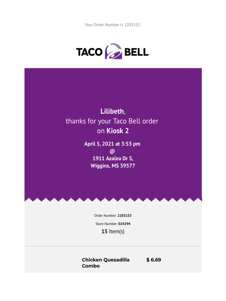Thanks For Your Taco Bell Order On Kiosk 2: Lilibeth | PDF