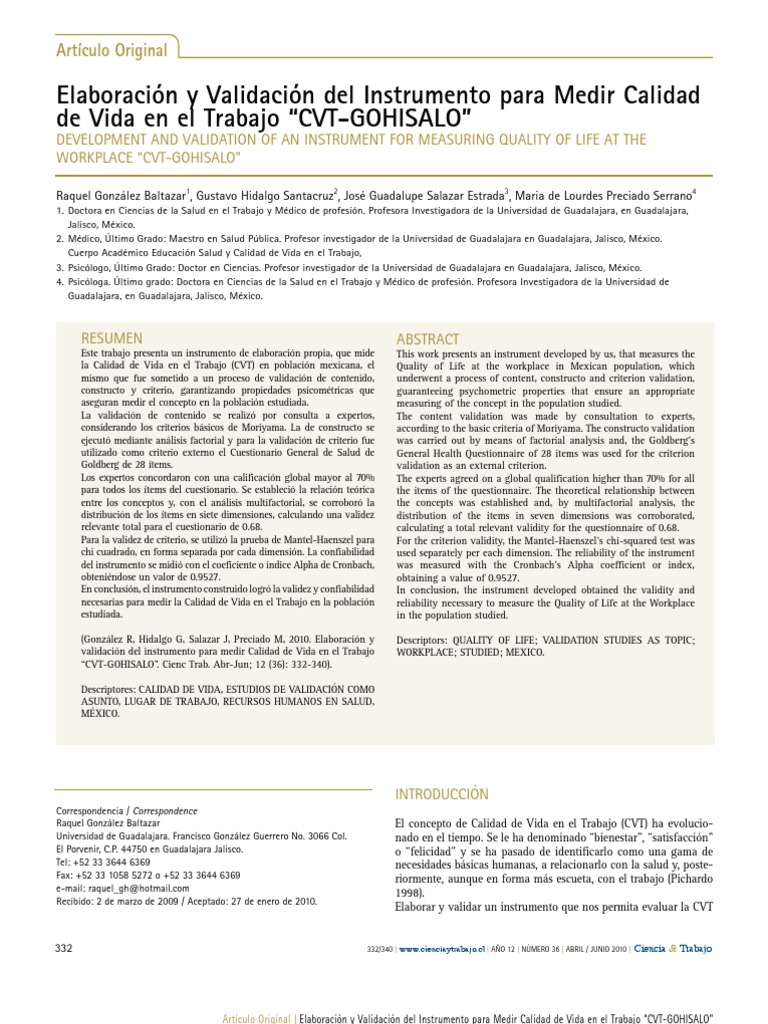 Elaboracion Y Validacion Del Instrumento Para Medir Calidad De Vida