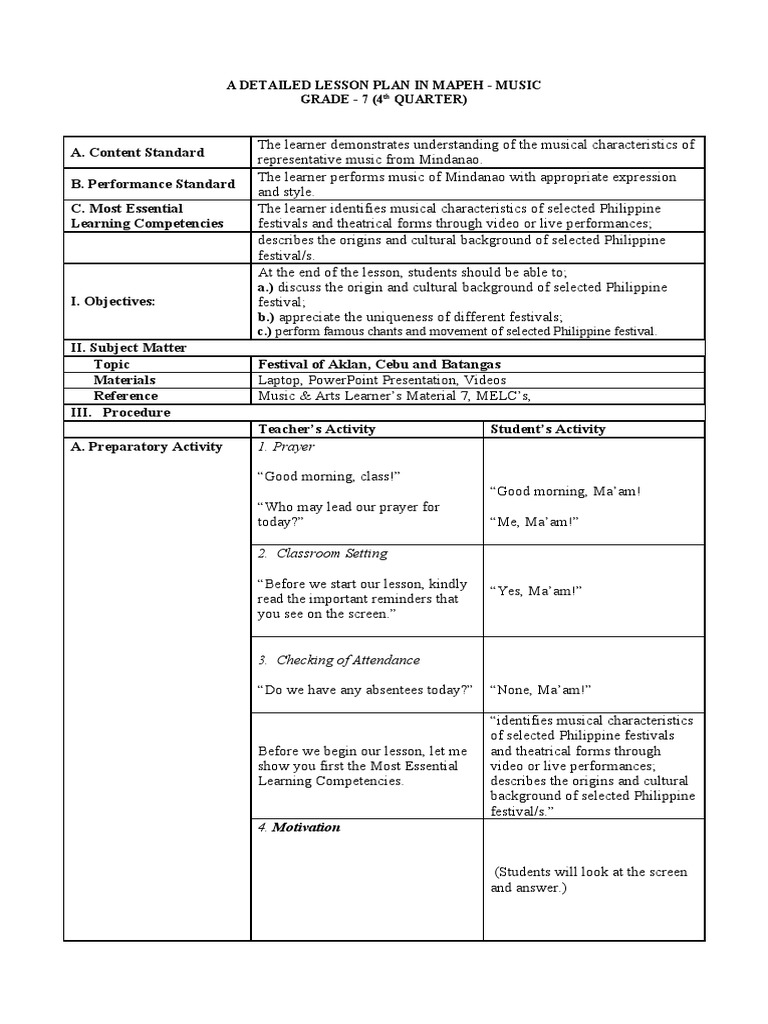 MAPEH Grade 7 Music Lesson Plan | PDF | Pedagogy | Human Nature