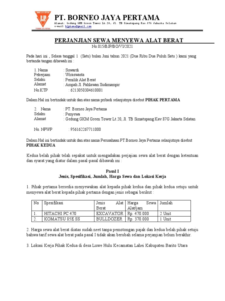Surat Perjanjian Sewa Pakai Alat Berat | PDF