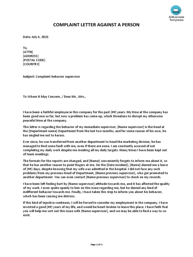 Formal Complaint Against Supervisor's Behavior | PDF | Business