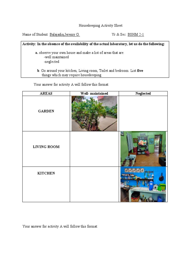 BALAJADIA - Housekeeping Activity Sheet | PDF | Home & Garden