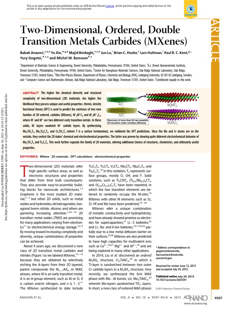 Two-Dimensional, Ordered, Double Transition Metals Carbides (Mxenes ...