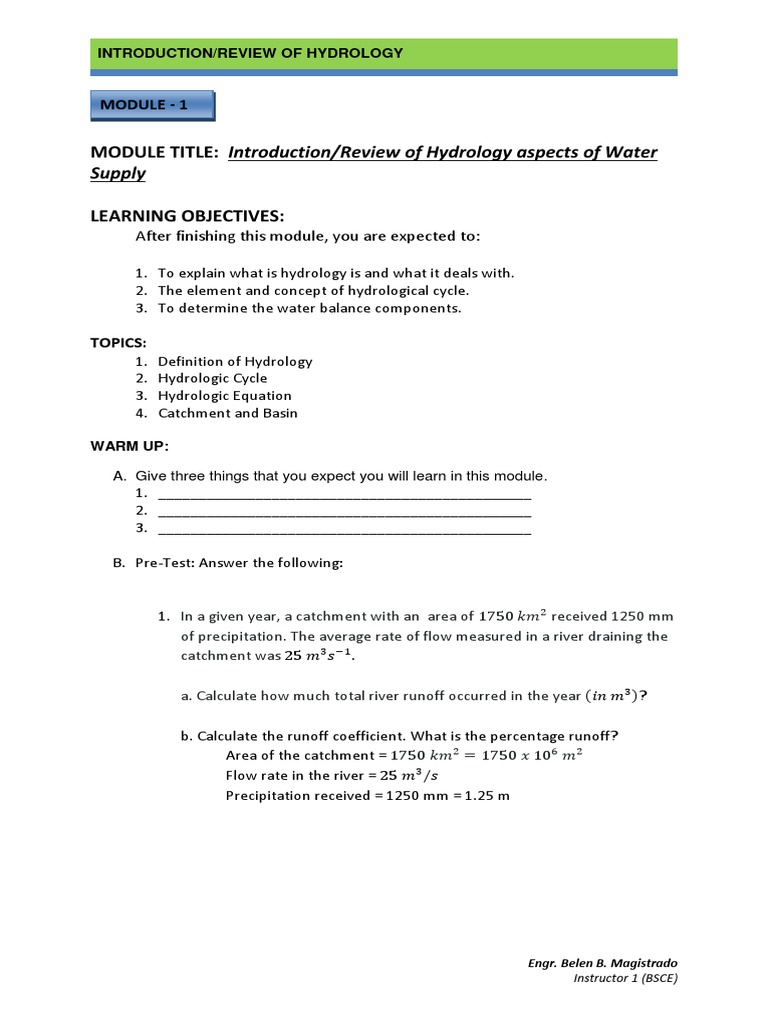 MODULE 1 - Introduction or Review of Hydrology | PDF | Hydrology | Drainage Basin