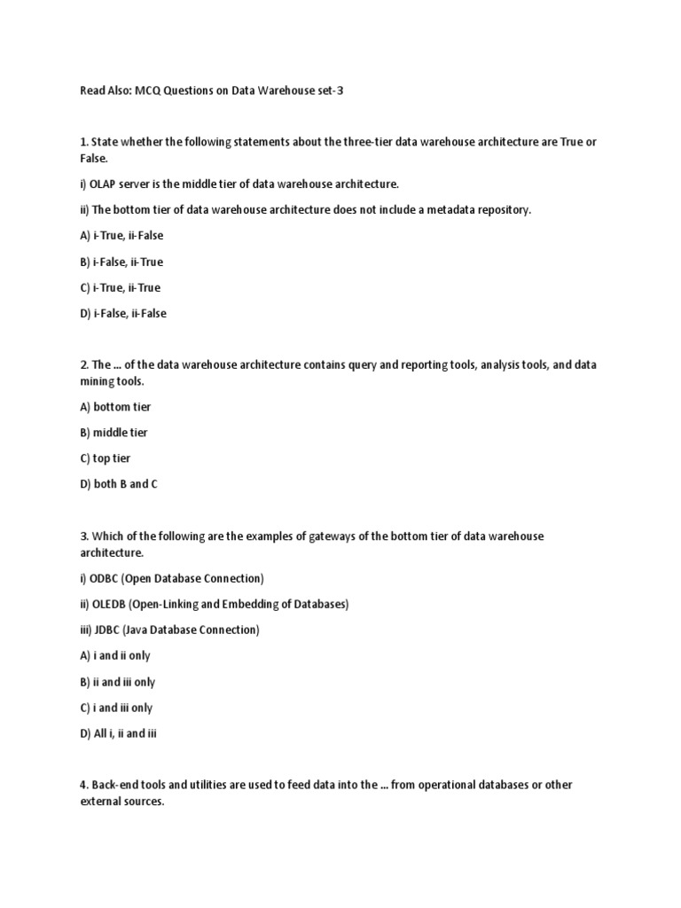 Multiple Choice Questions on Key Concepts of Data Warehouse ...