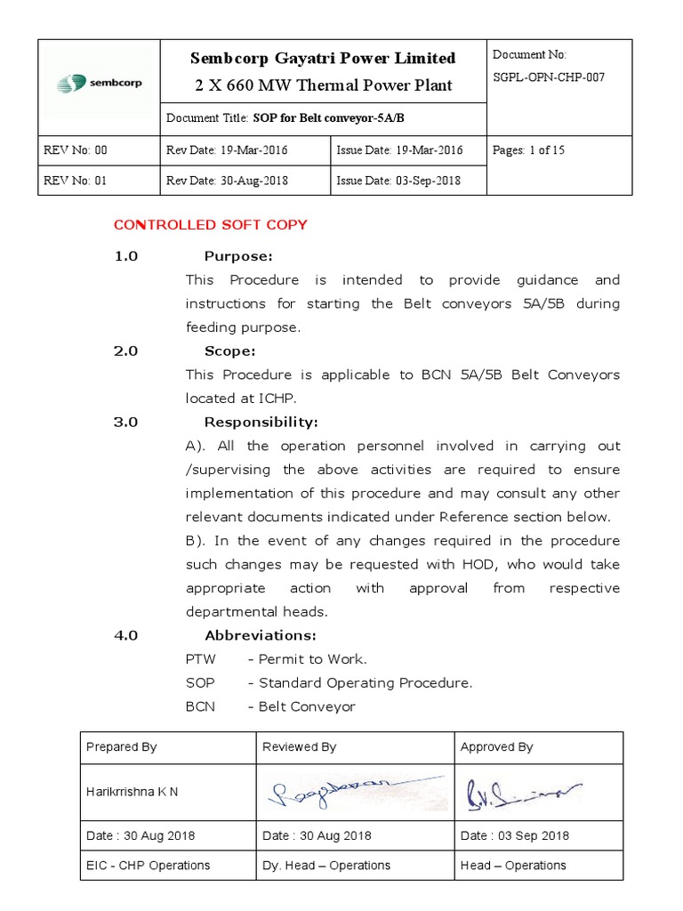 SOP for Belt Conveyor Operation | PDF | Electric Motor | Power Station