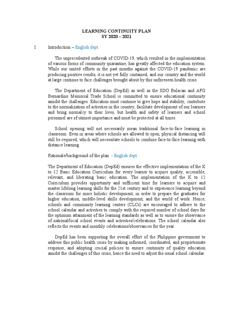 The LEARNING-CONTINUITY-PLAN-AFGBMTS | PDF | Information And ...