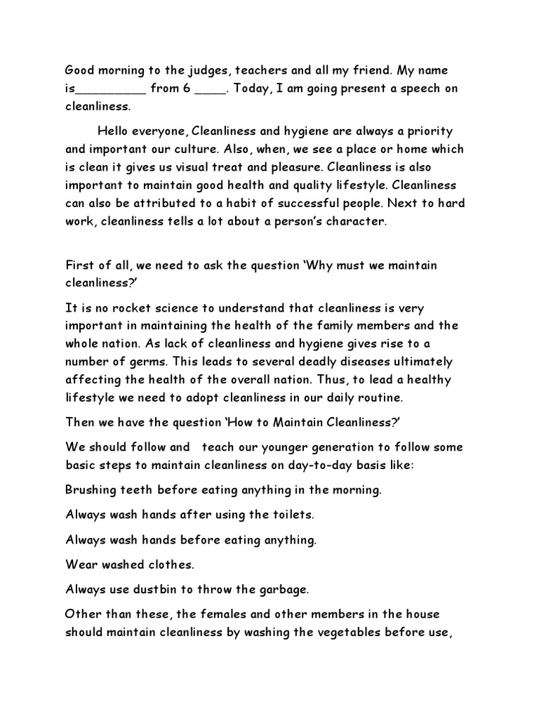Speech On Cleanliness | PDF | Hygiene | Waste