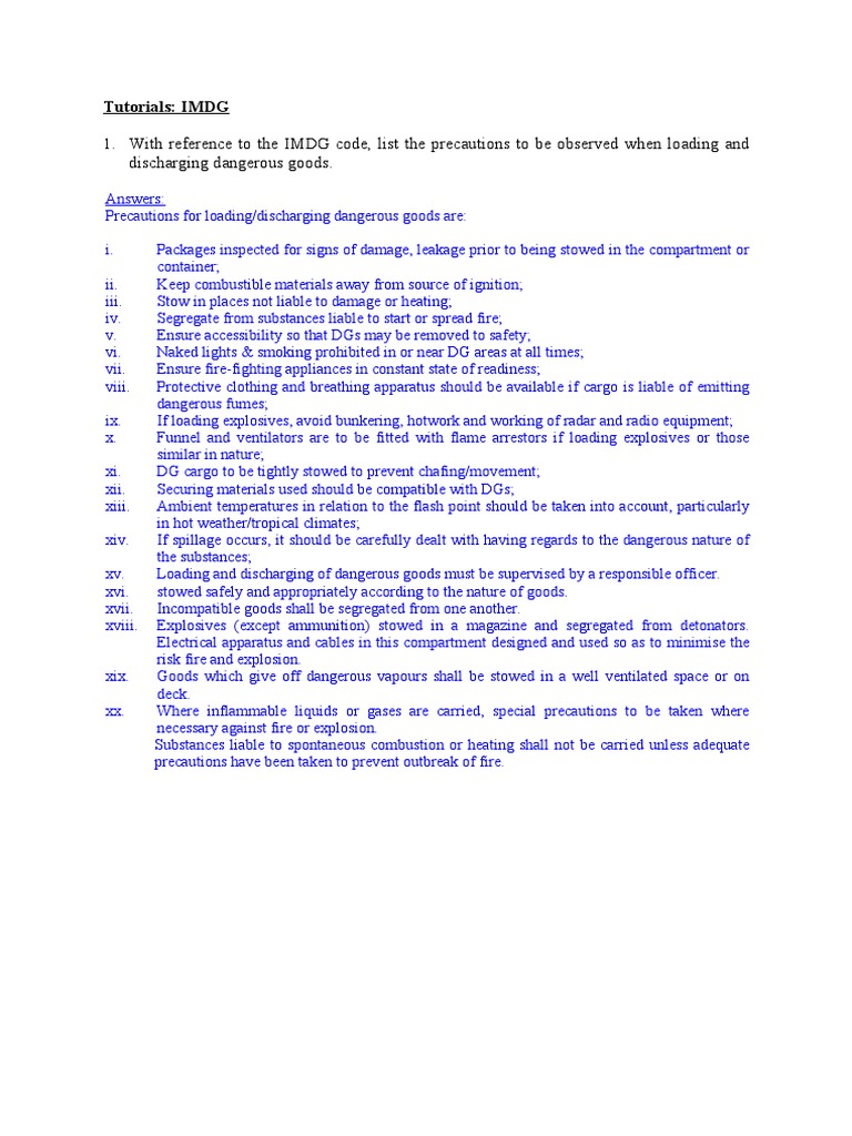 With Reference To The IMDG Code, List The Precautions To Be Observed ...