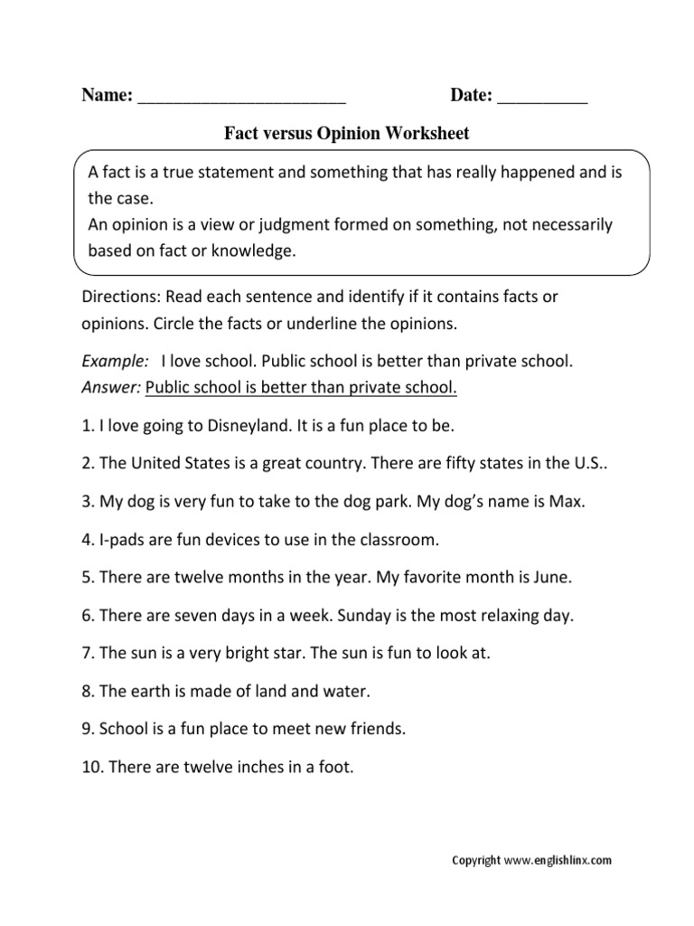 Fact Versus Opinion Worksheet | PDF