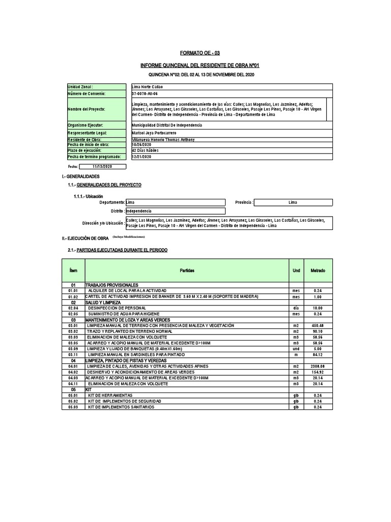 Formato Oe-03 - Informe Quincenal | PDF
