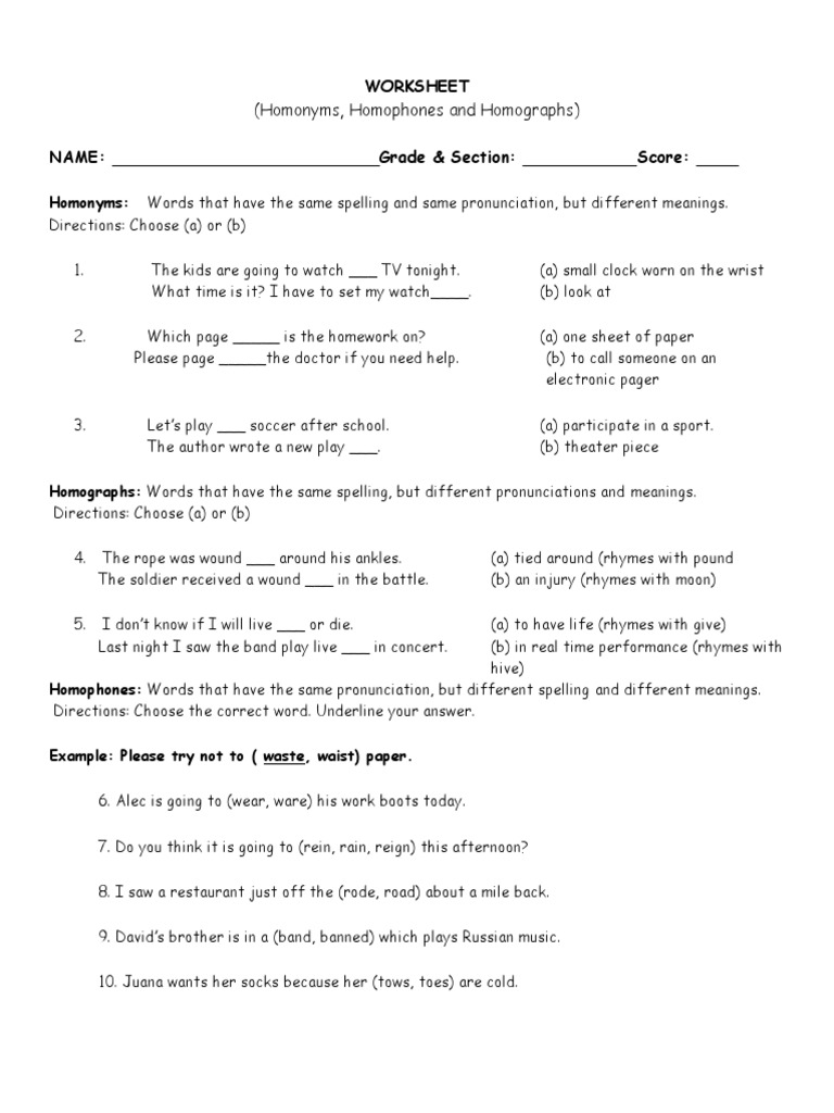 Homonyms, Homophones, and Homographs Worksheet | PDF