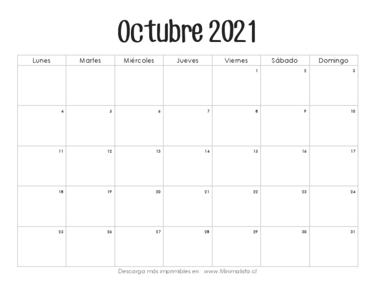 Calendario Octubre 2021 Imprimible | PDF