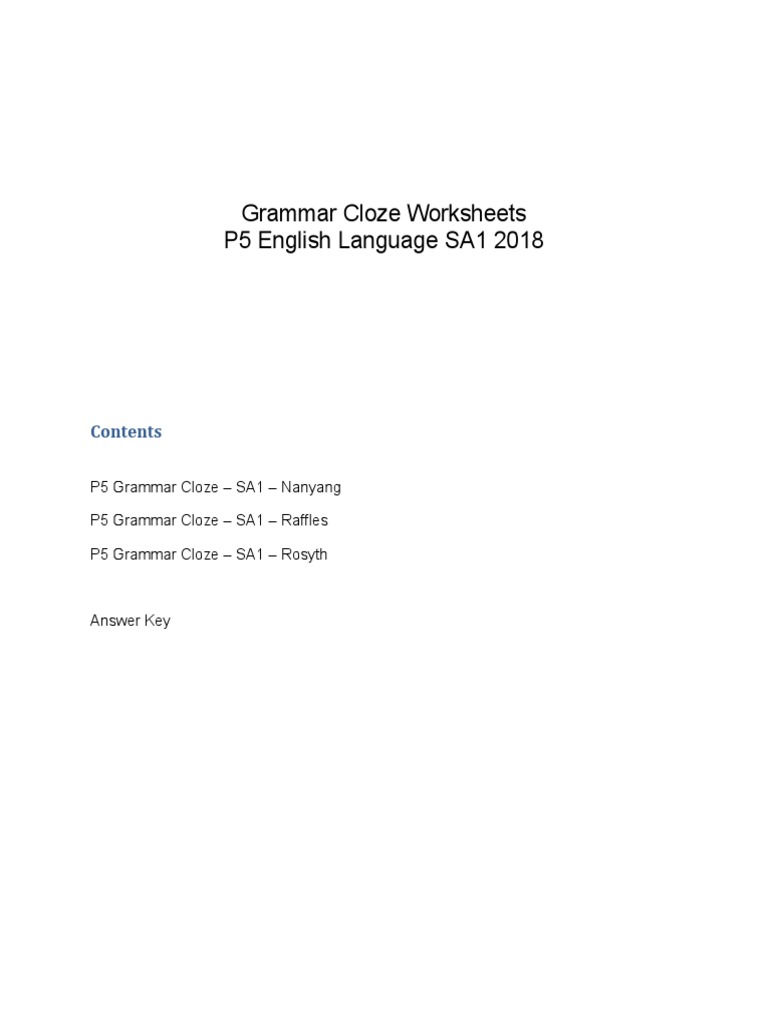 P5 Grammar Cloze Worksheet SA1 2018 | PDF