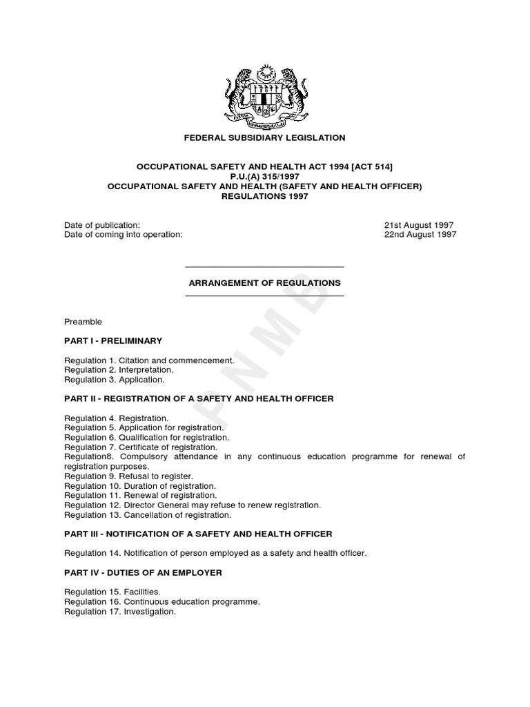 SHO Regulation 1997 | PDF | Occupational Safety And Health | Safety