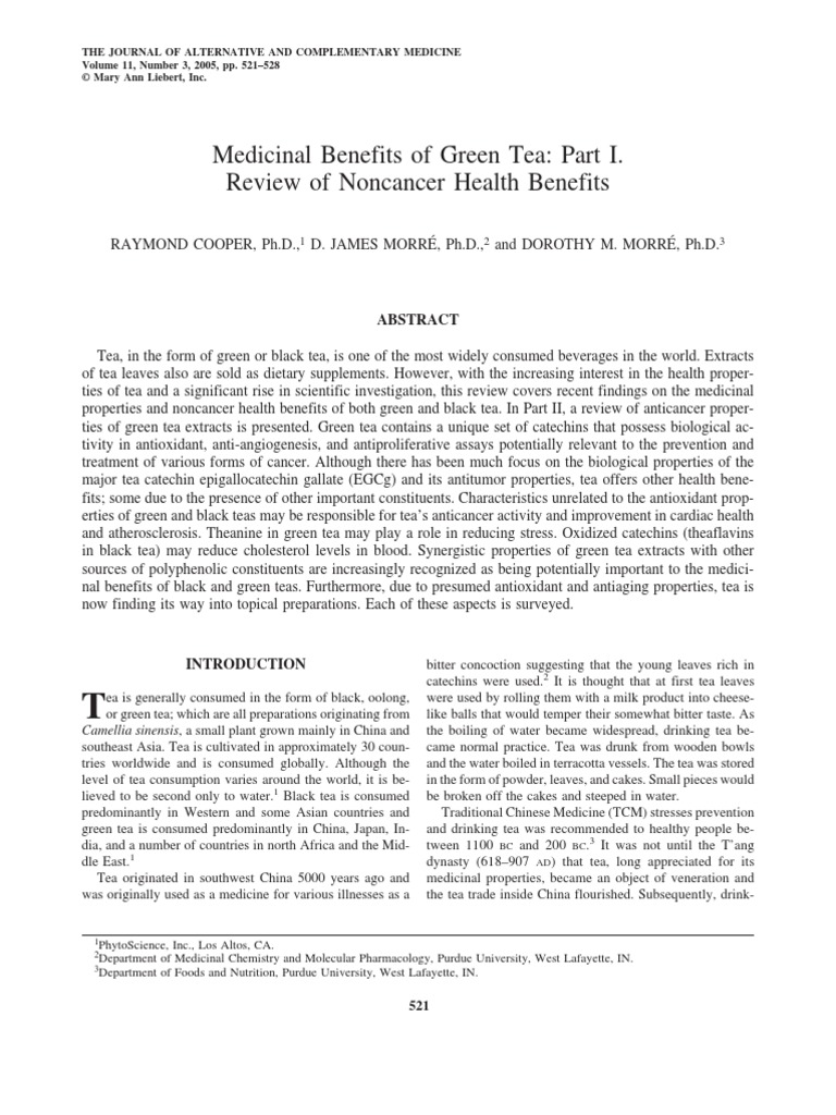 Medicinal Benefits of Green Tea - Part I. Review of Noncancer Health ...