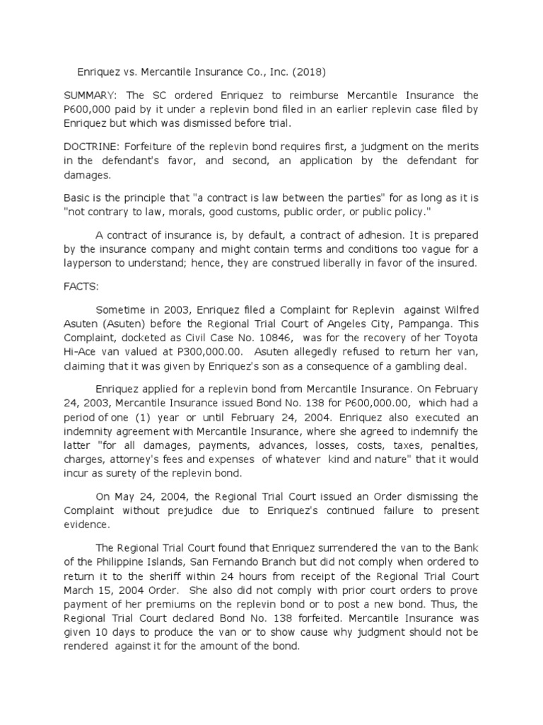 SC rules on replevin bond forfeiture and indemnity agreement | PDF ...