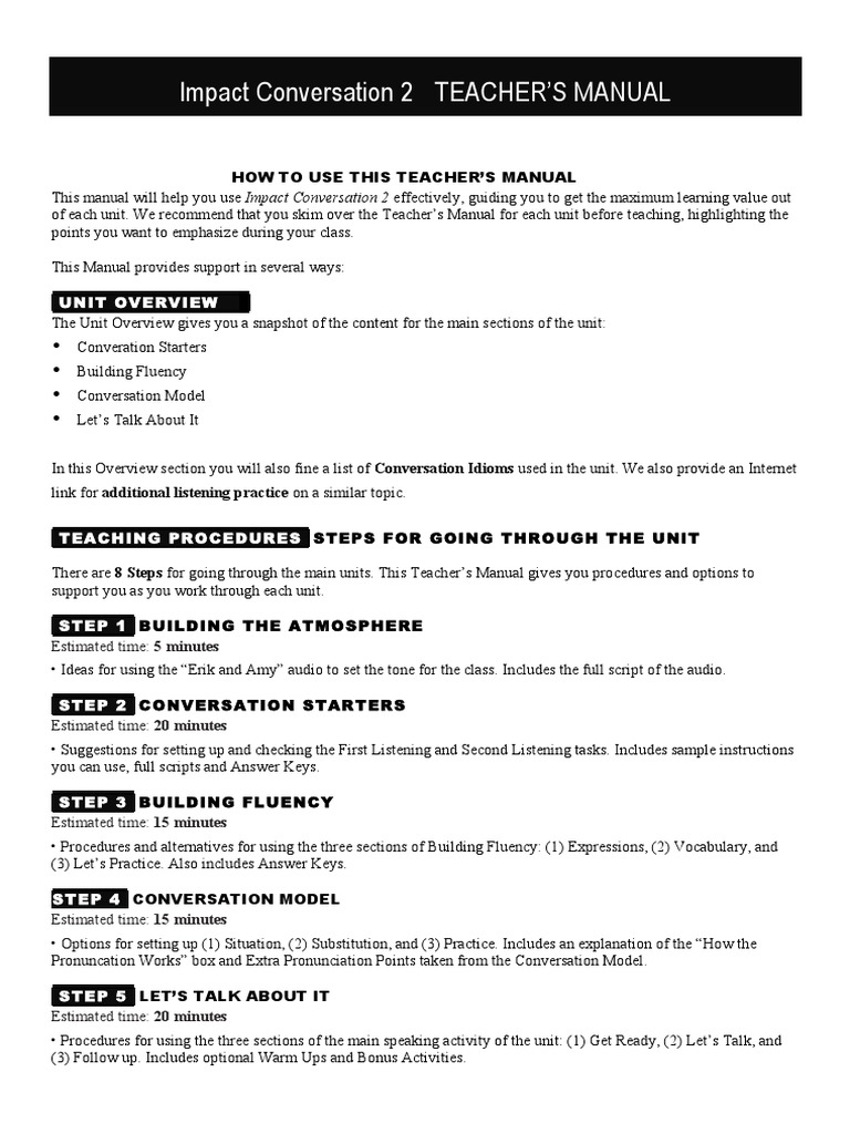Impact Conversation 2 TEACHER'S MANUAL: Unit Overview | PDF ...