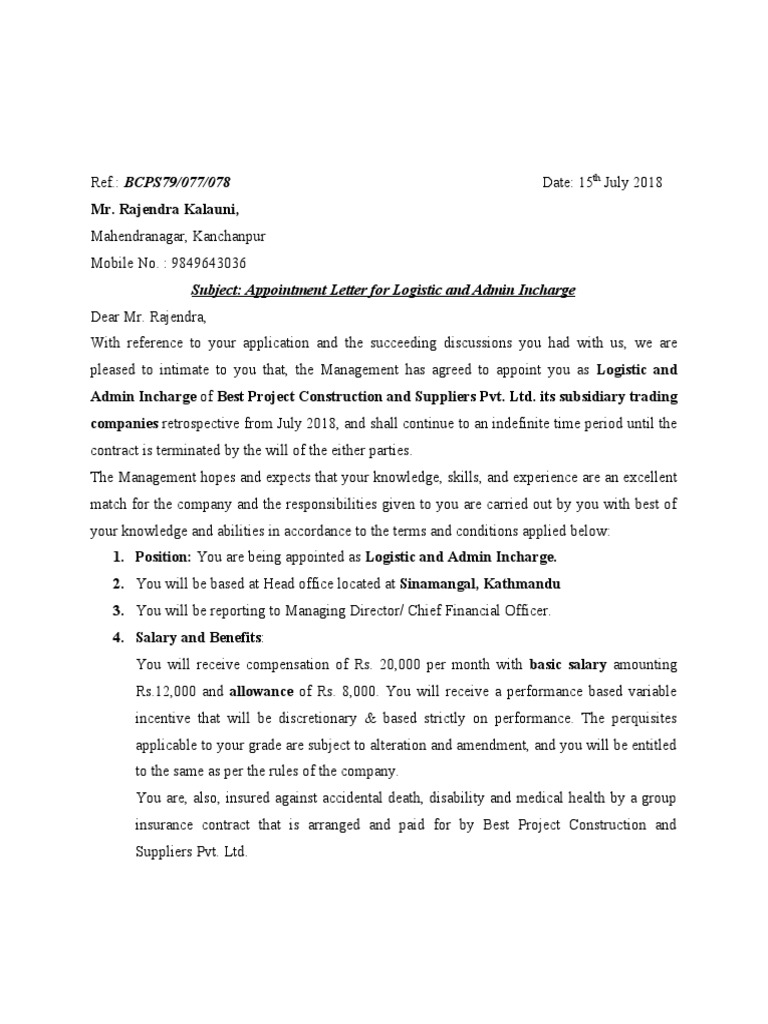 Subject: Appointment Letter For Logistic and Admin Incharge | PDF ...