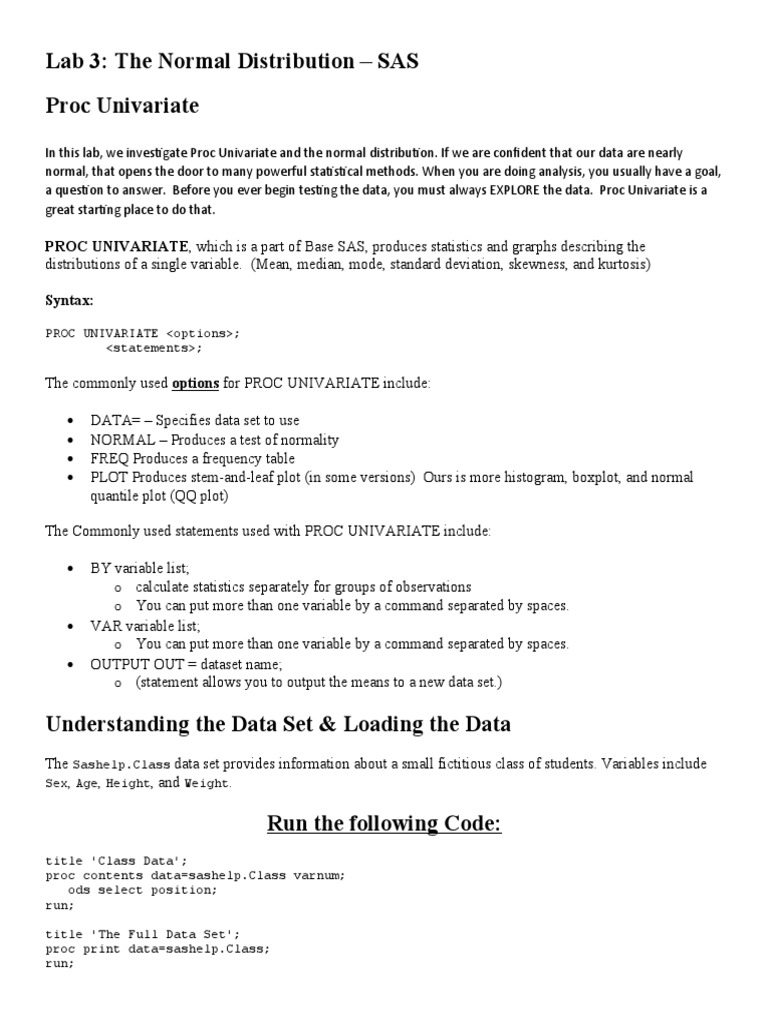 Exploring Normality Assumptions Using Proc Univariate in SAS | PDF ...