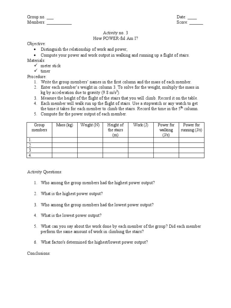 Activity For Work and Power | PDF