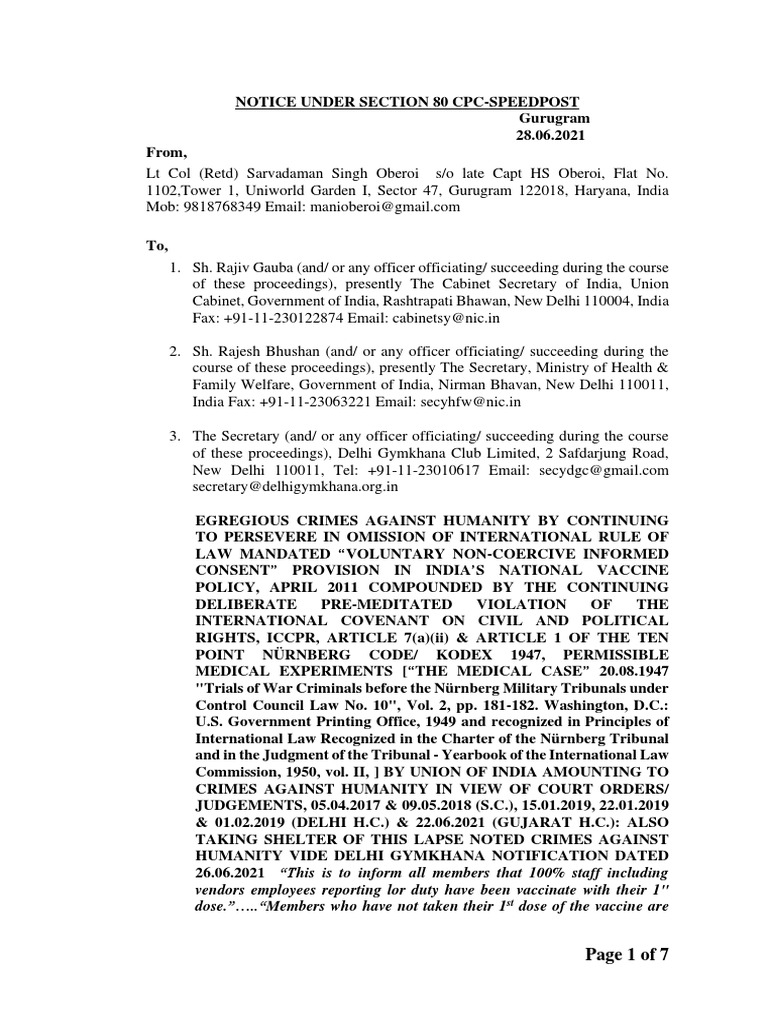 Speed Post Notice Section 80 CPC Crimes Against Humanity Forced ...