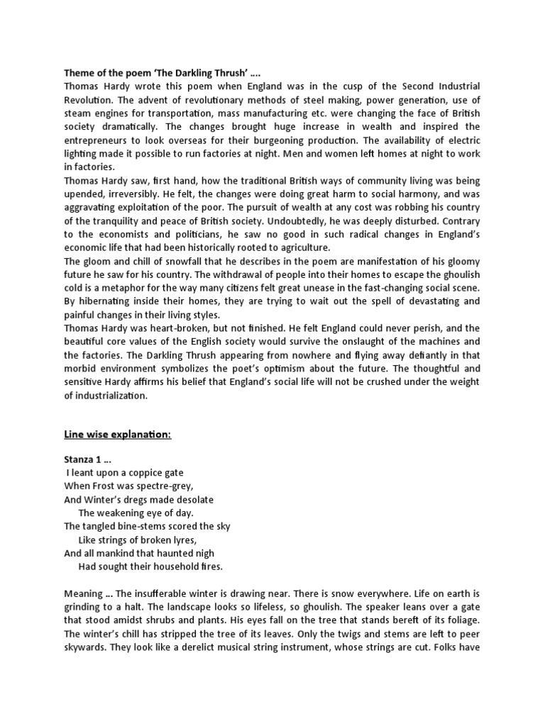 Theme of The Poem The Darkling Thrush' .: Line Wise Explanation | PDF ...