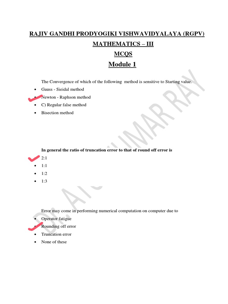 Mcq Module 1 Rgpv Mathematics Iii Pdf Mathematical Relations