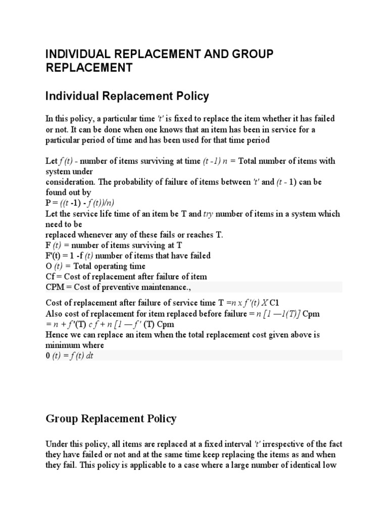 Individual Replacement and Group Replacement Individual Replacement ...