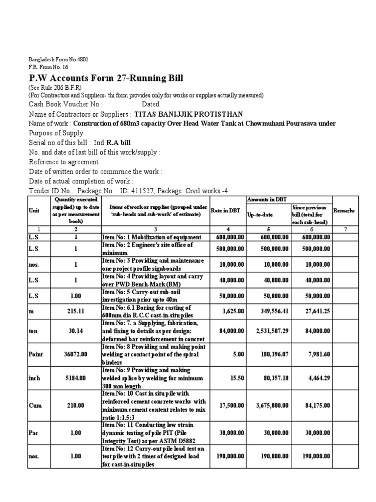Chowmuhani 2nd Running Bill | PDF | Deep Foundation | Civil Engineering