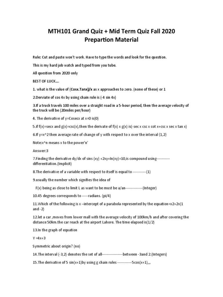 MTH101 Grand Quiz Mega File | PDF | Derivative | Trigonometric Functions
