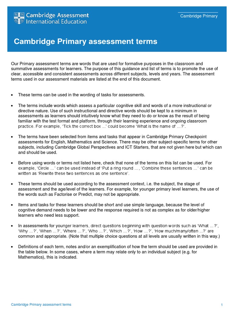 Cambridge Primary Assessment Terms | PDF | Educational Assessment ...