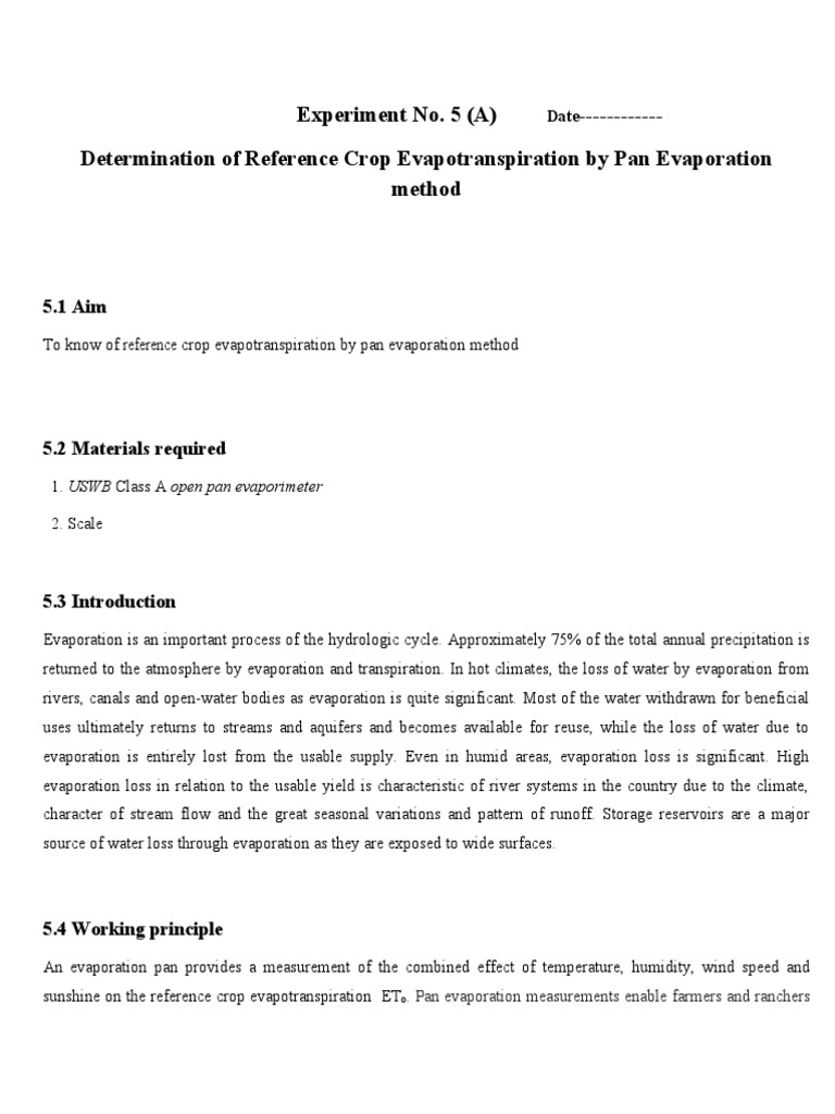 Experiment No. 5 (A) Determination of Reference Crop Evapotranspiration ...