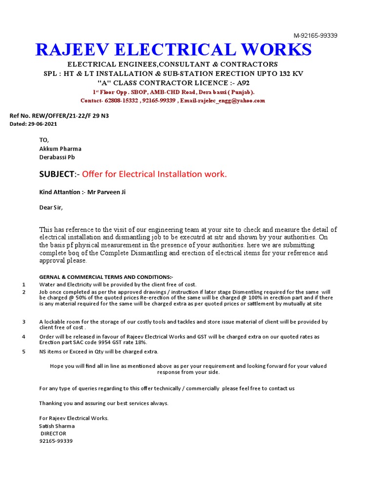 Offer For Electrical Installation Work | PDF | Electrical Wiring ...