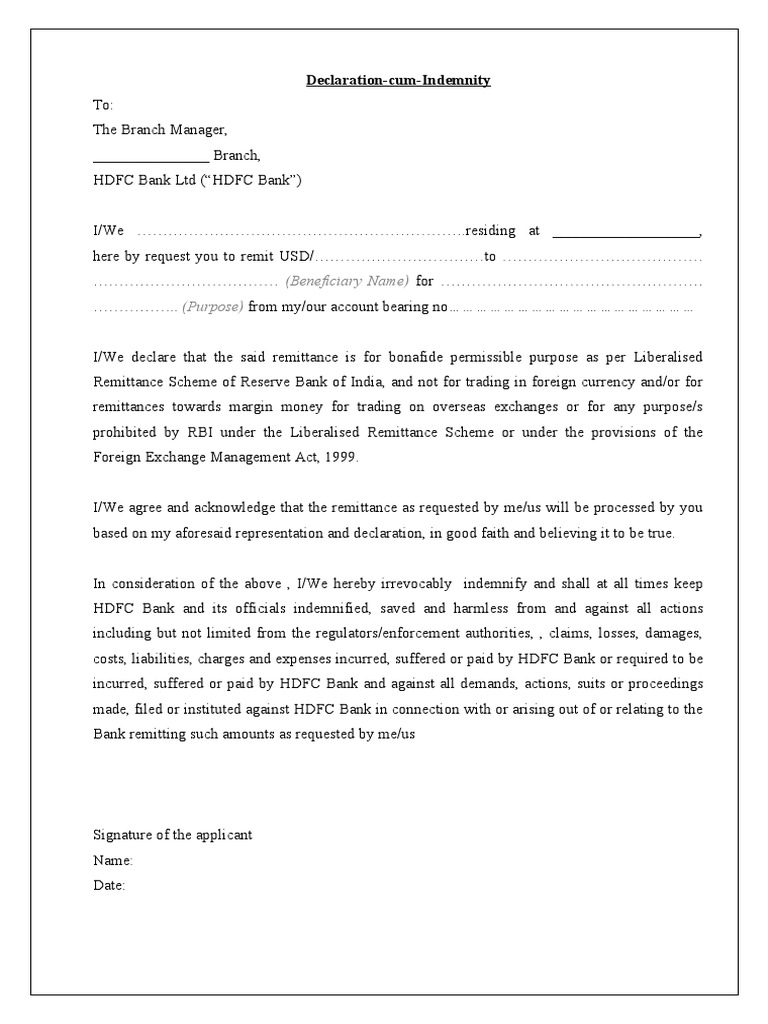 LRS Declaration Cum Indemnity | PDF LRS Declaration Cum Indemnity | PDF