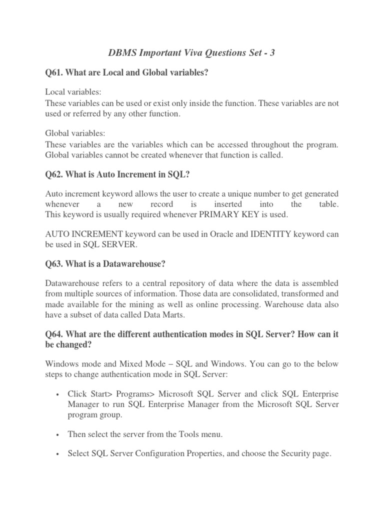 DBMS Viva Set 3 | PDF | Sql | Databases