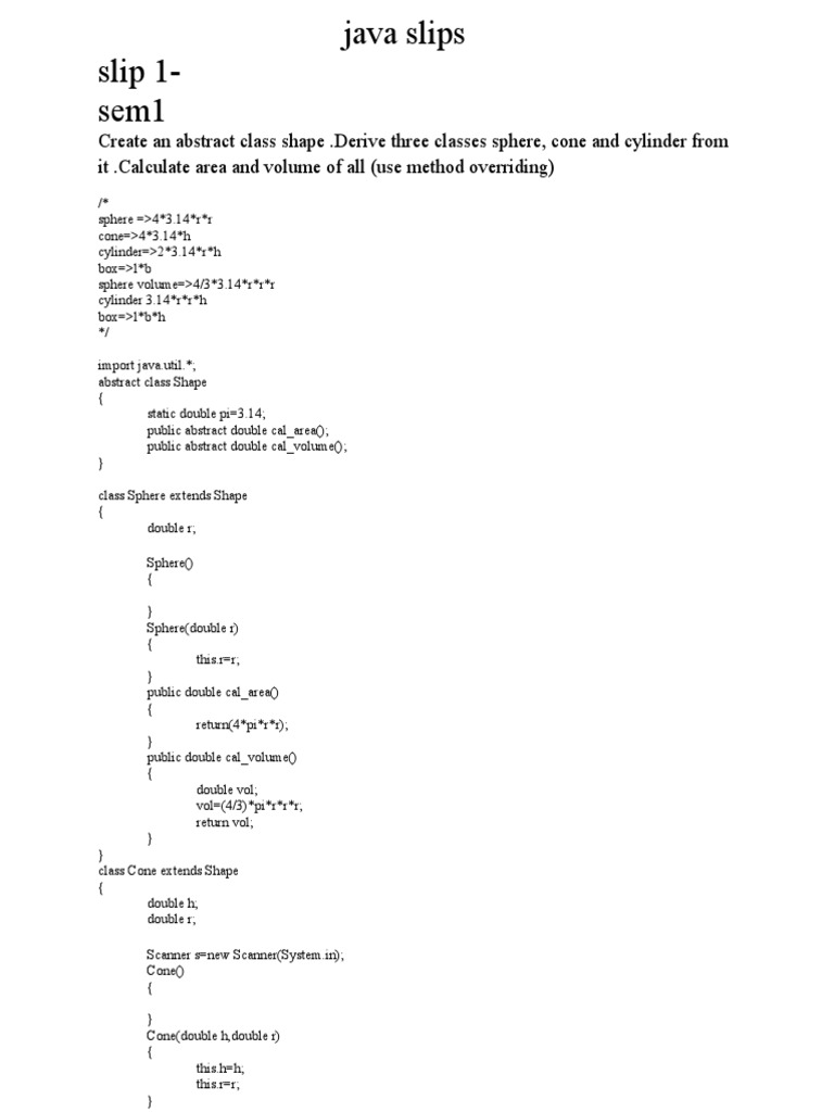 Java Solved Slips For Practical | PDF | Volume | Sphere