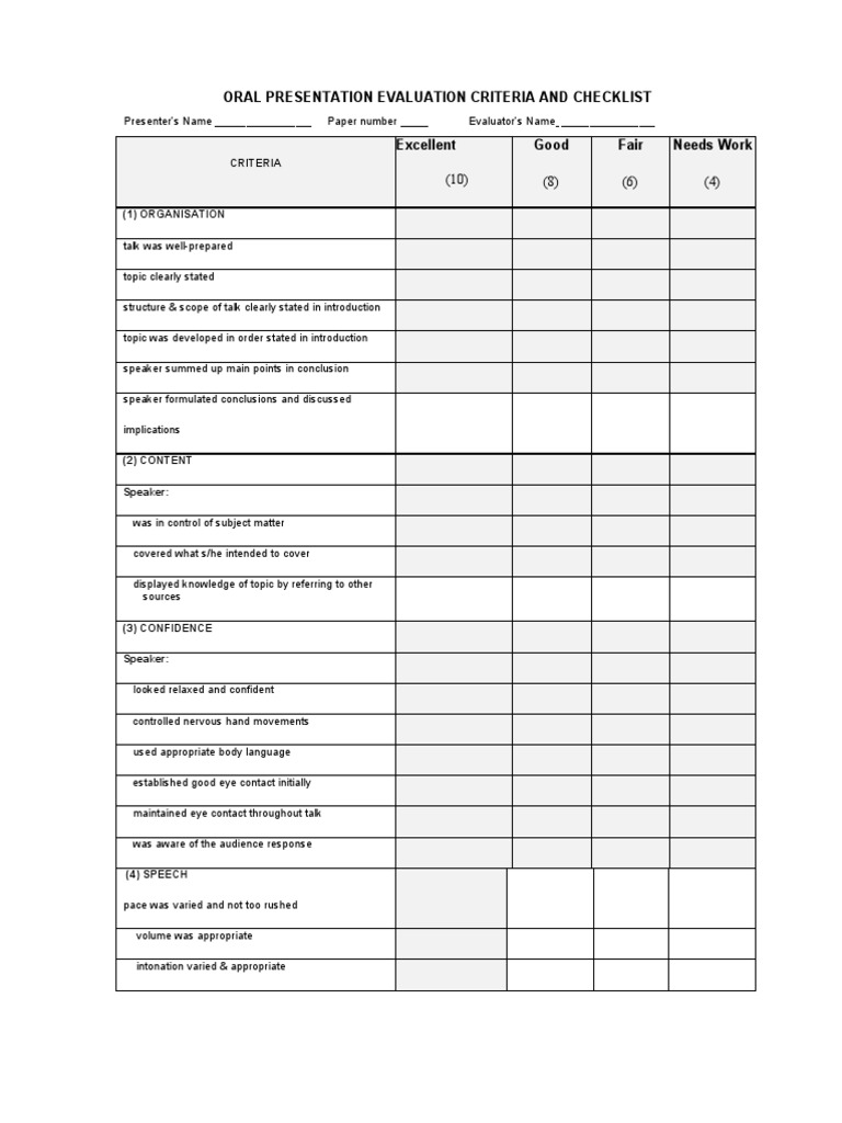 Oral Presentation Evaluation Criteria and Checklist | PDF | Human ...