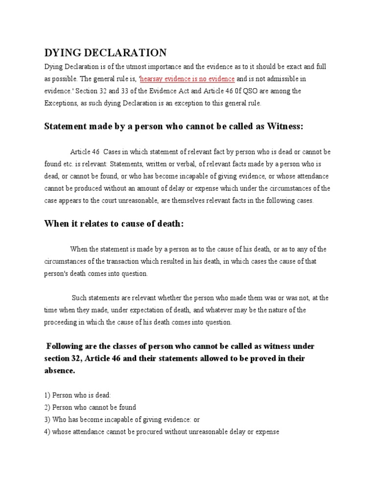 Dying Declaration: Statement Made by A Person Who Cannot Be Called As ...