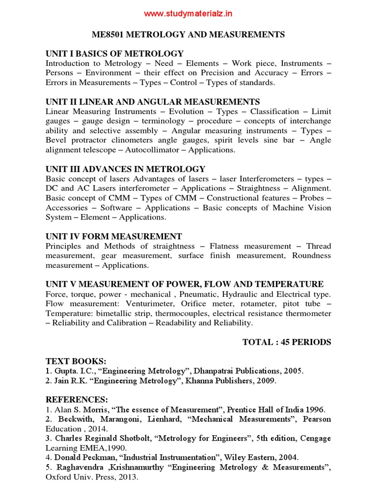ME8501 Metrology and Measurements Notes 2 by WWW - Studymaterialz.in ...