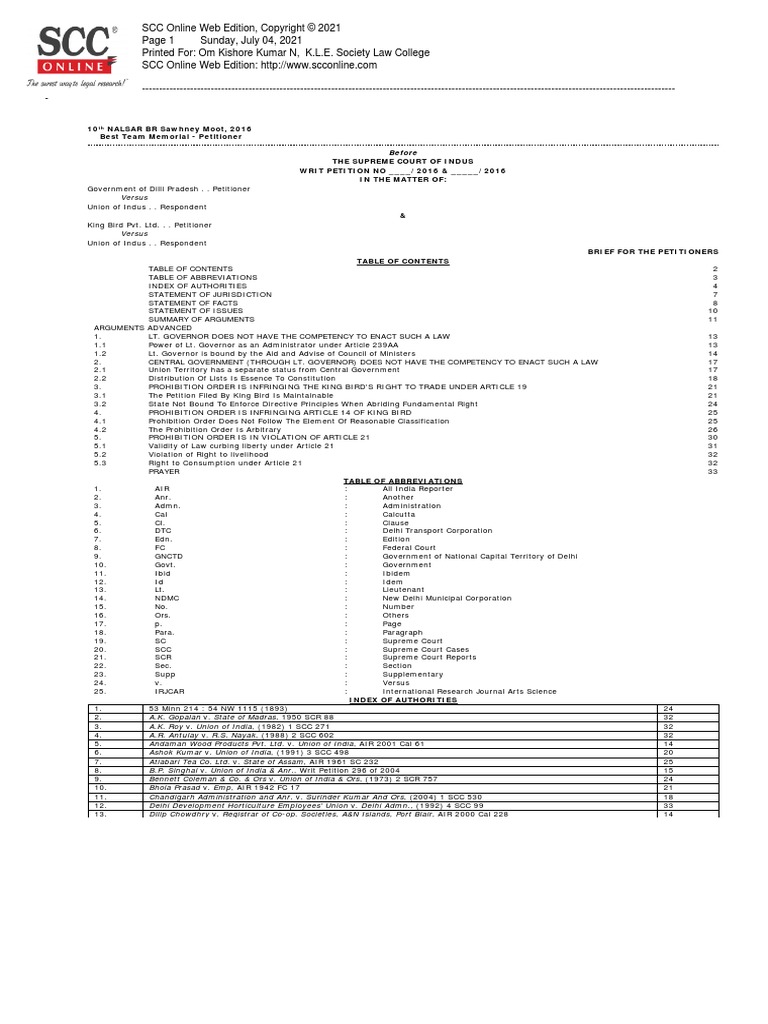 Best Team Memorial Petitioner Nalsar BR Sawhney Moot | PDF | Cabinet (Government) | Prohibition
