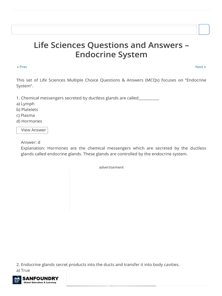 Endocrine System - Life Sciences Questions and Answers - Sanfoundry ...
