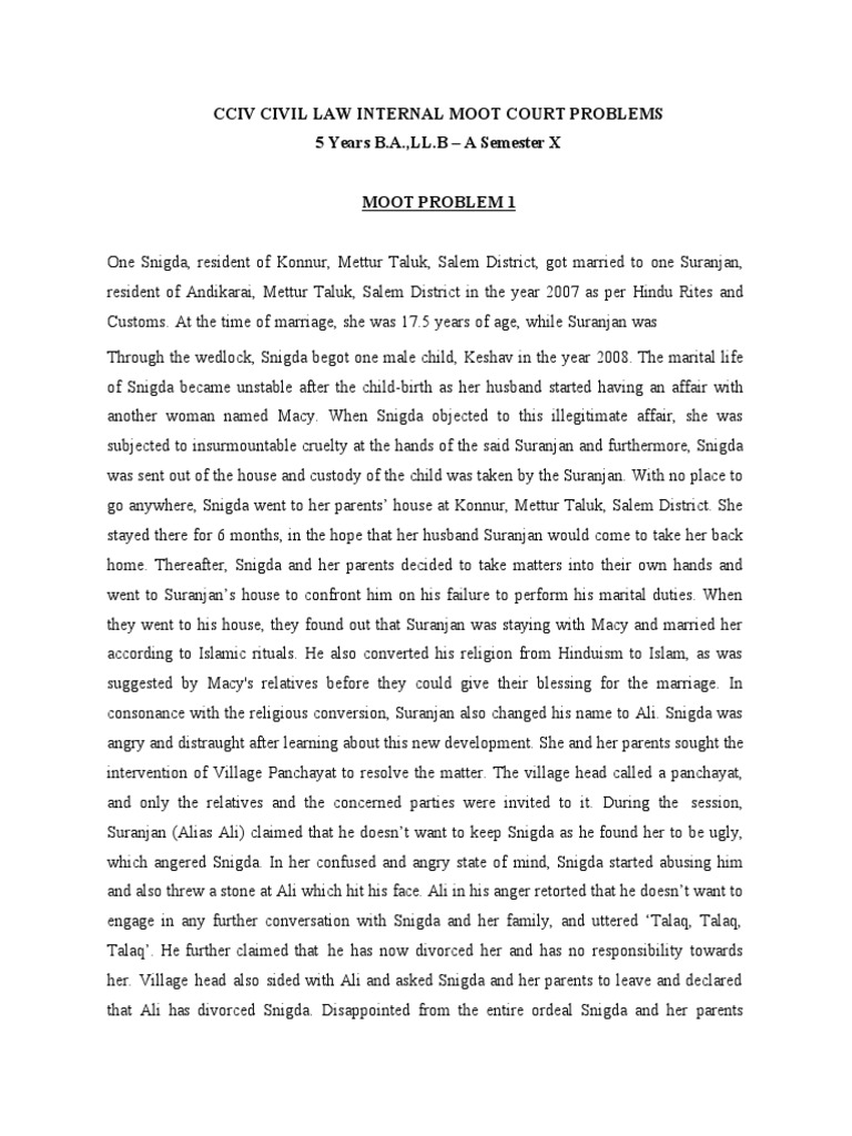 Cciv Civil Law Internal Moot Court Problems 5 Years B.A.,LL.B - A ...